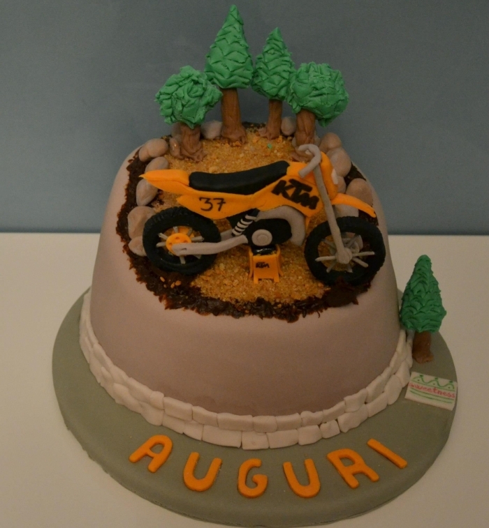gâteau avec moto cross jaune noir au décor de forêt pour garçon - 14/06 ...